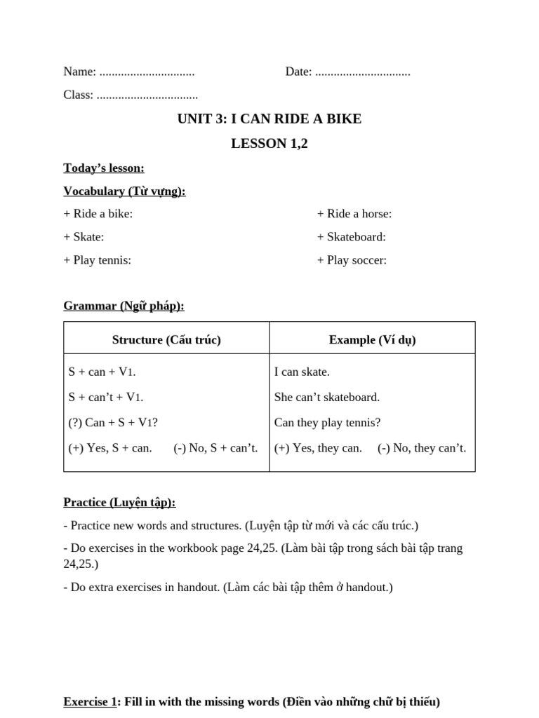 Lớp 2 - 17-3 - Unit 3 lesson 1,2 | PDF