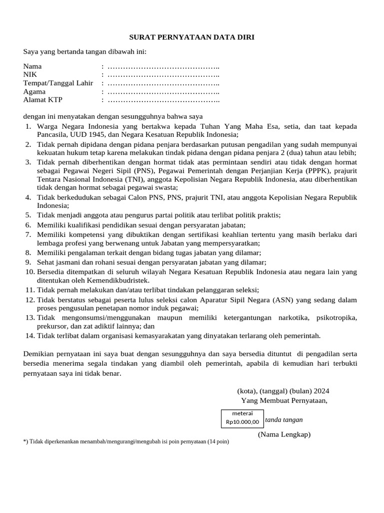 Format Surat Pernyataan Data Diri PPPK 2024 | PDF