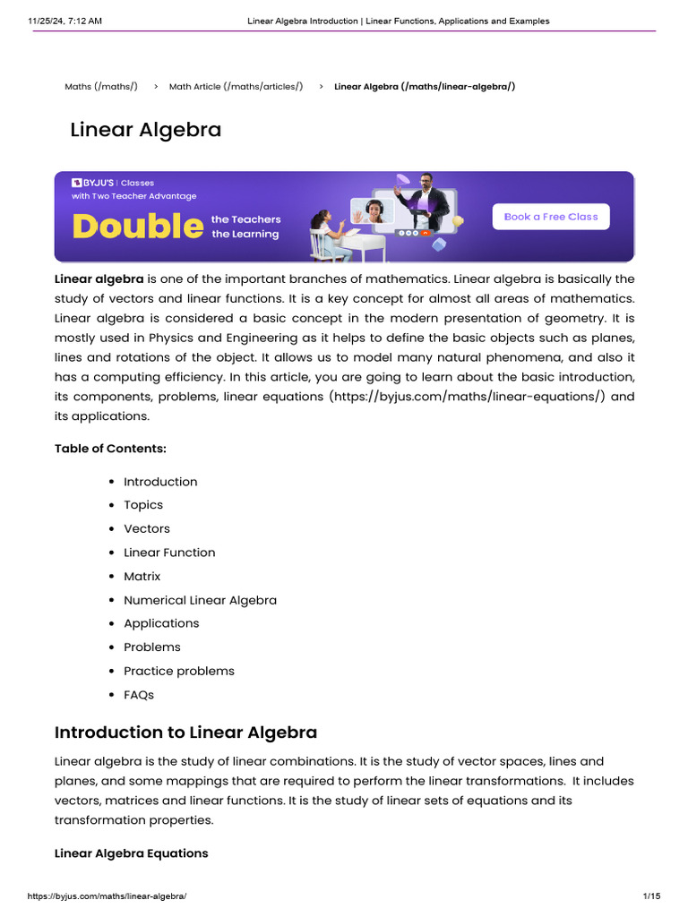 Linear Algebra Introduction - Linear Functions, Applications and Examples | PDF | Linear Map ...