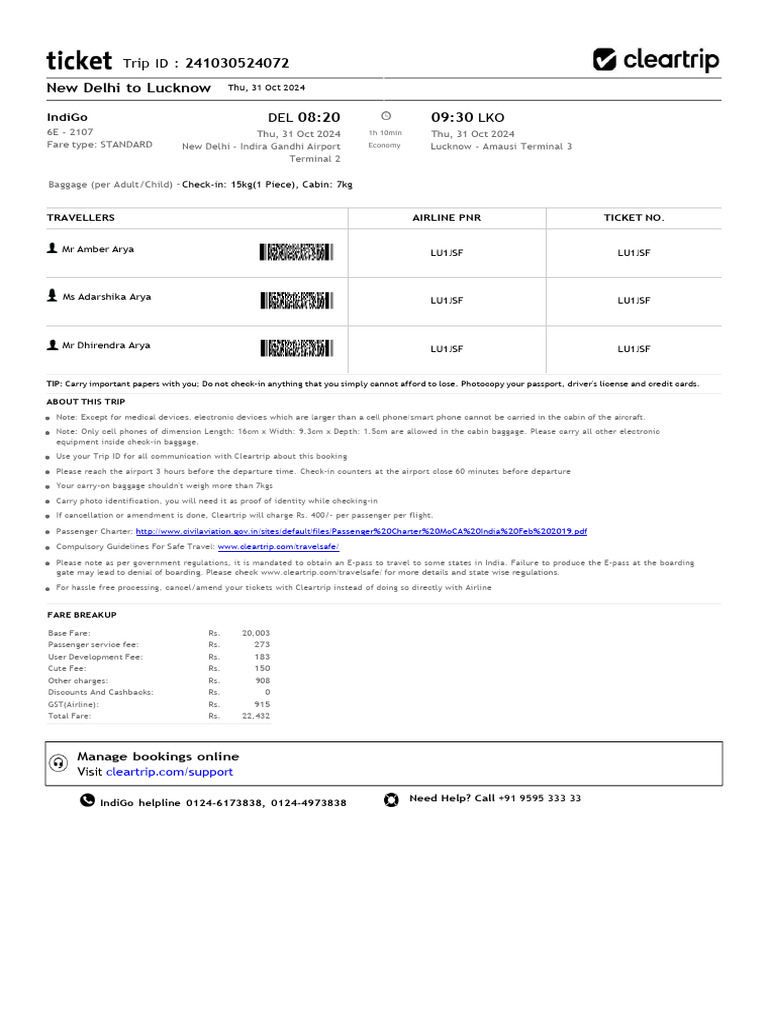 Cleartrip Flight ETicket | PDF | Identity Document | Transport