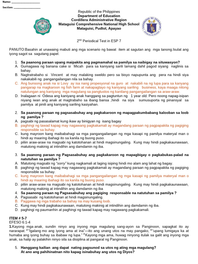 2nd Quarter Exam ESP7 | PDF