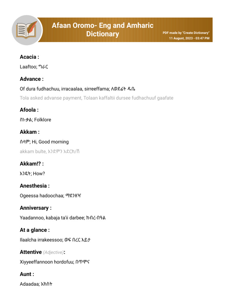 Afaan Oromo-English-Amharic Dictionary | PDF | Semantic Units ...