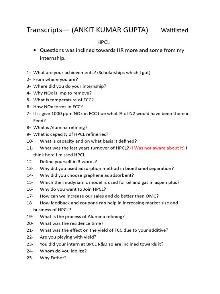 My Campus Placement Transcript | PDF | Adsorption | Chemical Engineering