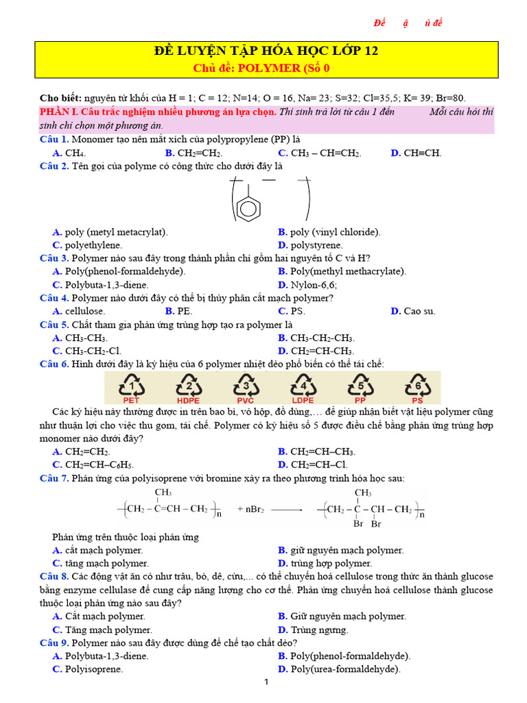 (TỜ 2.4) HÓA 12-CHƯƠNG 4-POLYMER-ĐỀ LUYỆN TẬP POLYMER SỐ 04-ĐỀ | PDF