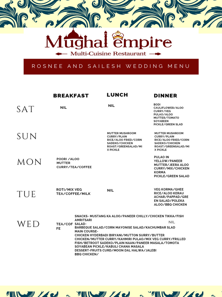 Wedding Menu for Rosnee and Sailesh | PDF