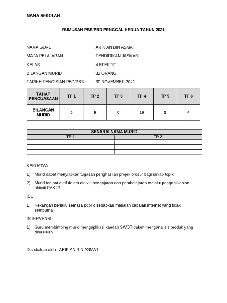 Contoh Borang Rumusan PBD & PBS | PDF