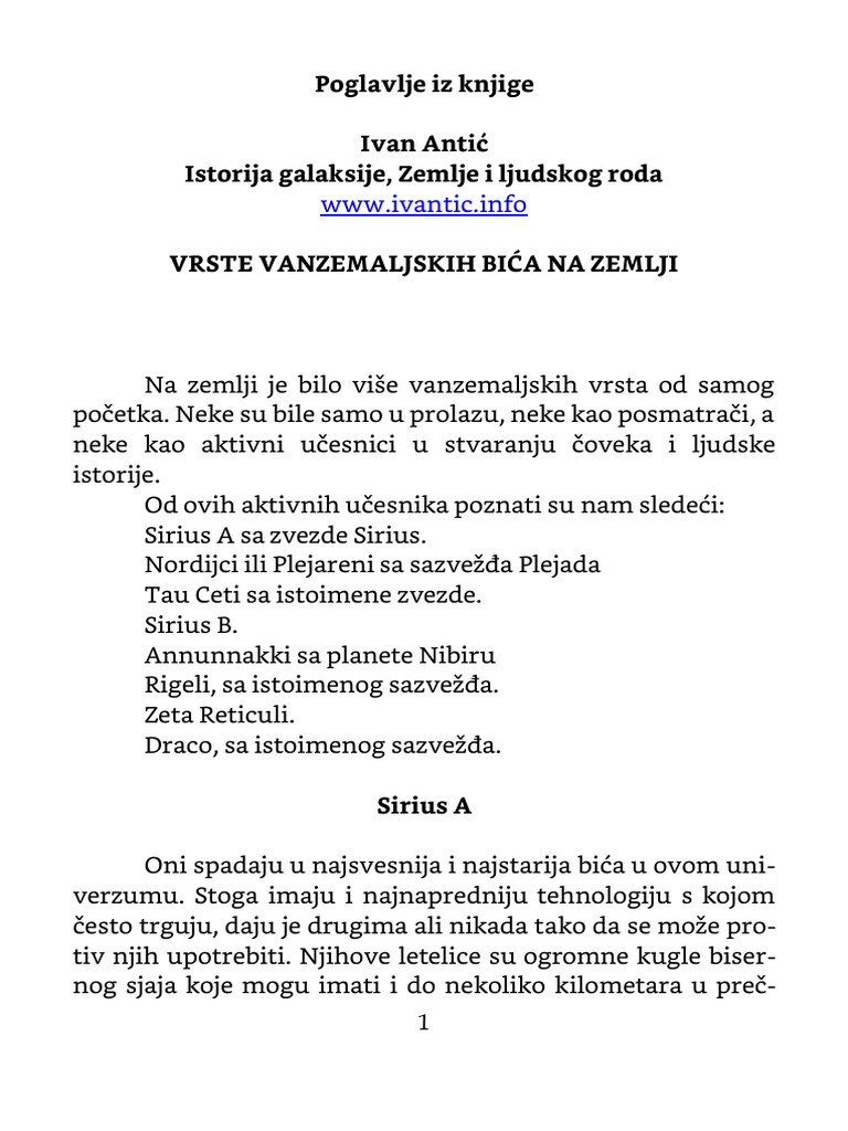 Ivan Antic Vrste Vanzemaljskih Bića Na Zemlji | PDF