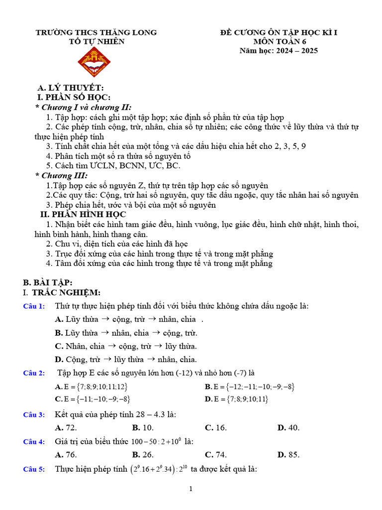De Cuong Hoc Ki 1 Toan 6 Nam 2024 2025 Truong Thcs Thang Long Ha Noi | PDF