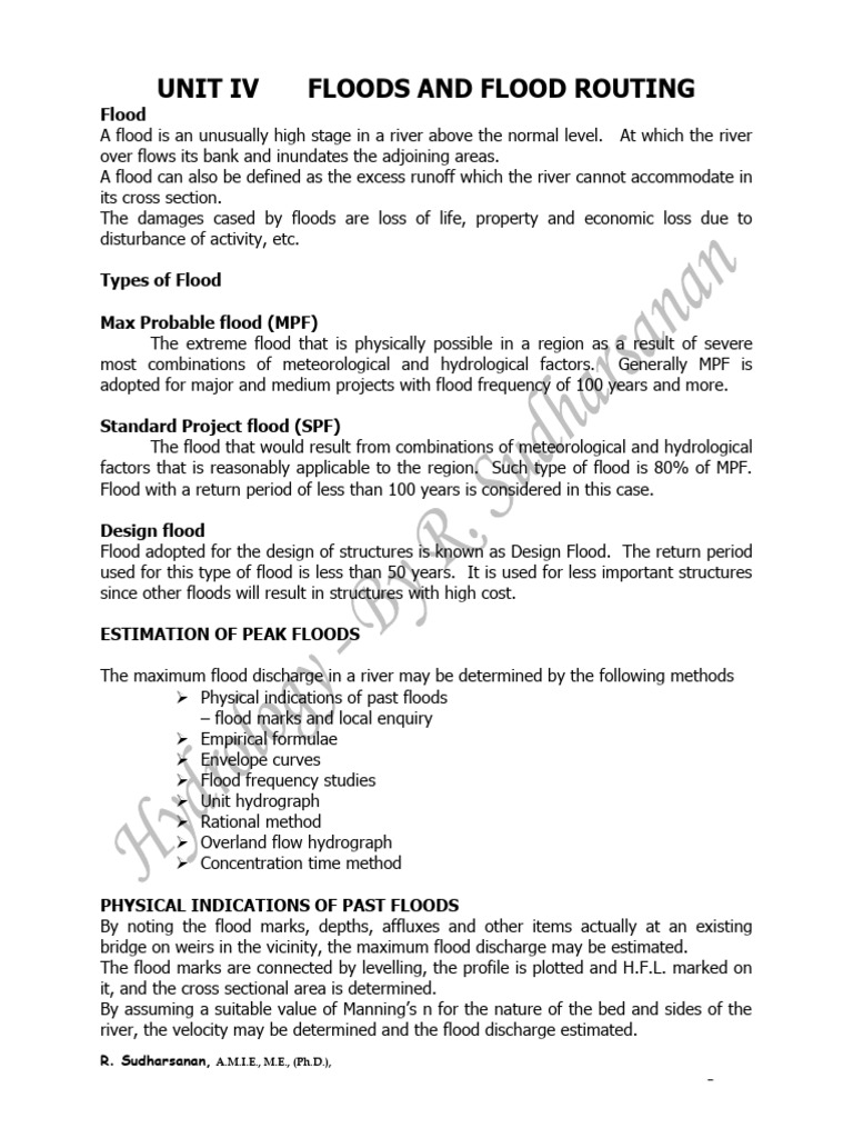 Unit IV - Part 1 - Hydrology - R. Sudharsanan | PDF | Flood | Reservoir