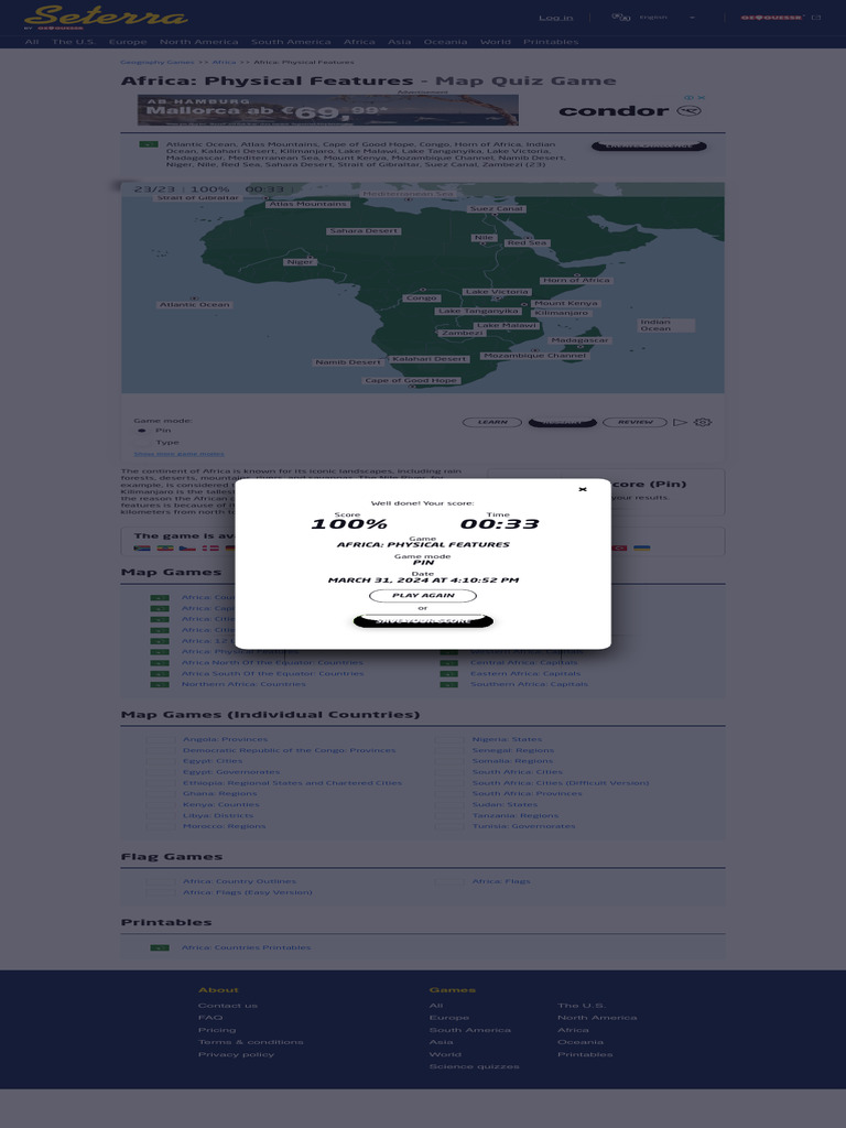 Africa Physical Features - Map Quiz Game - Seterra | PDF | Africa | Desert