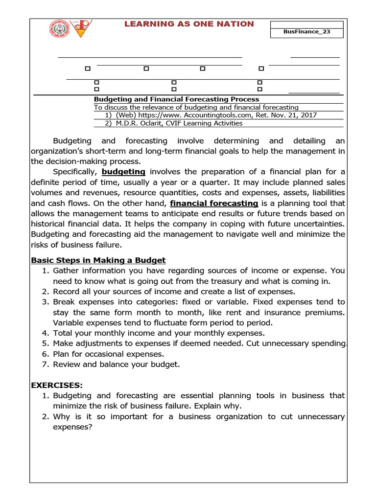 Bus Finance LAS 23 Budgeting and Financial Forecasting Process | PDF ...
