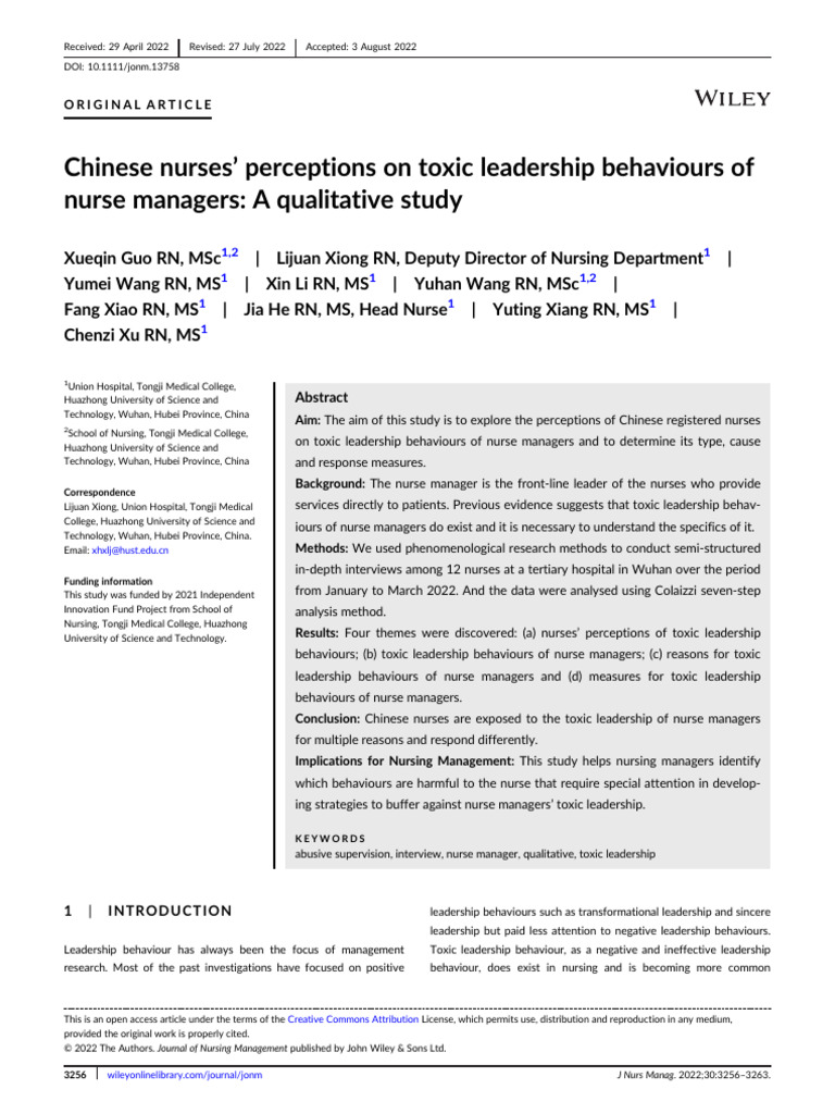 J Nursing Management - 2022 - Guo - Chinese Nurses Perceptions On Toxic Leadership Behaviours of ...