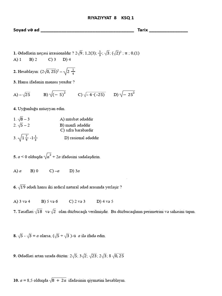 8 Sinif Riyaziyyat KSQ - 1 | PDF