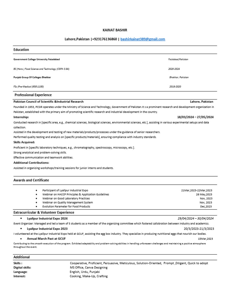 KAINAT BASHIR cv | PDF | Pakistan | Science