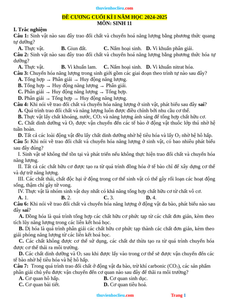 De Cuong On Tap Cuoi HK1 Sinh 11 CTST 24 25 | PDF