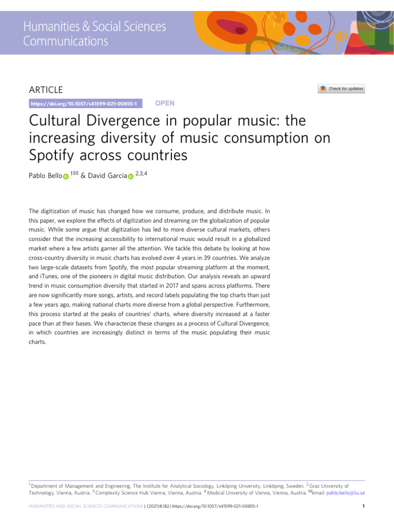 Cultural Divergence in Popular Music: The Increasing Diversity of Music ...