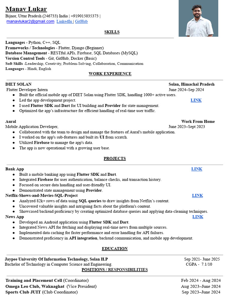 Resume Manav Lukar | PDF | Mobile App | Databases Resume Manav Lukar | PDF | Mobile App | Databases
