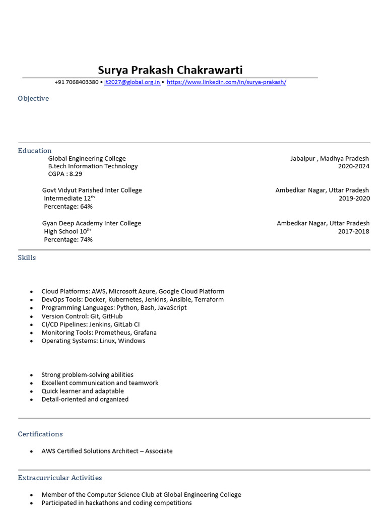 Entry-Level Cloud & DevOps Resume | PDF