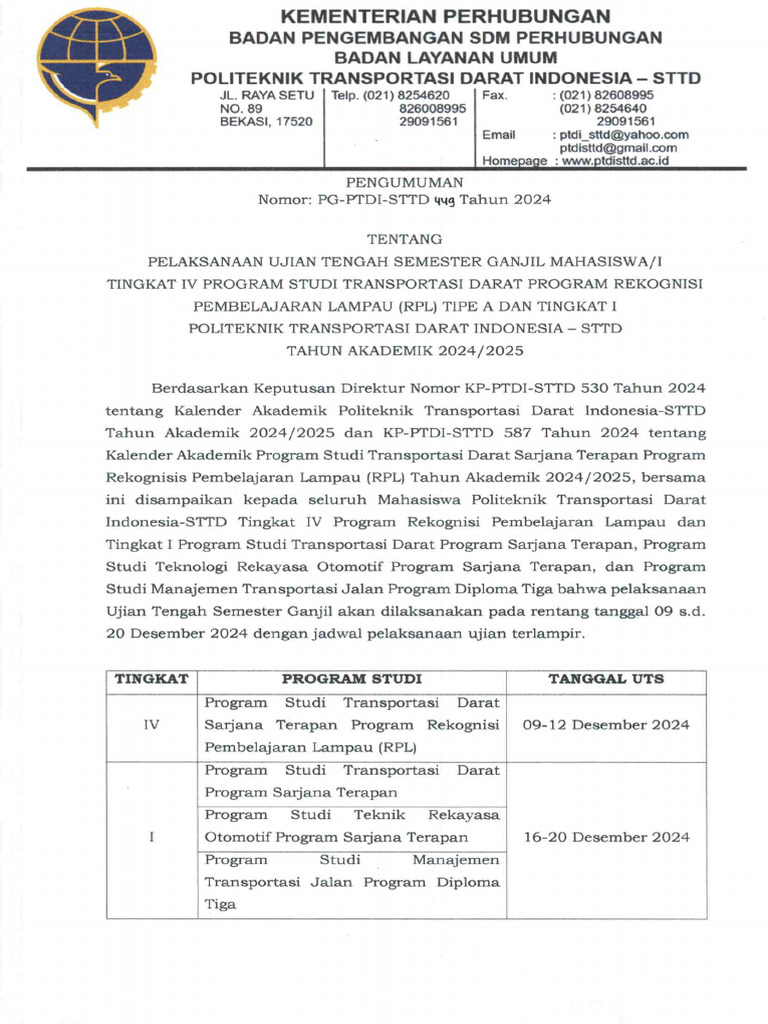 Pengumuman Pelaksanaan Uts Ganjil Ta 2024-2025 Tk i Dan Rpl | PDF