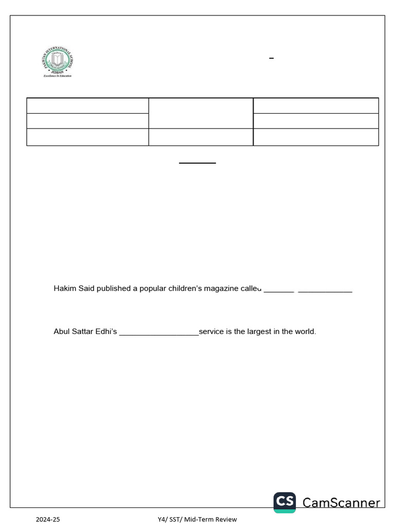 Y4 SST Mid Term Review Unsolved 2024-2025 | PDF | Pakistan | Indus River