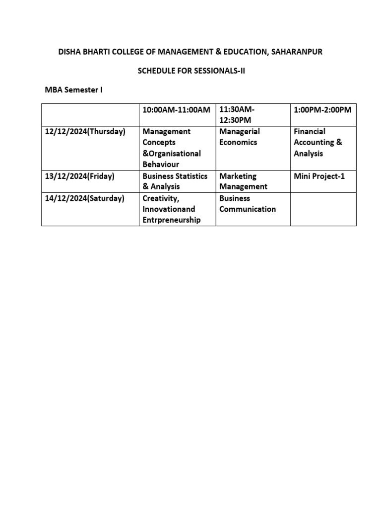 MBA I Date Sheet | PDF
