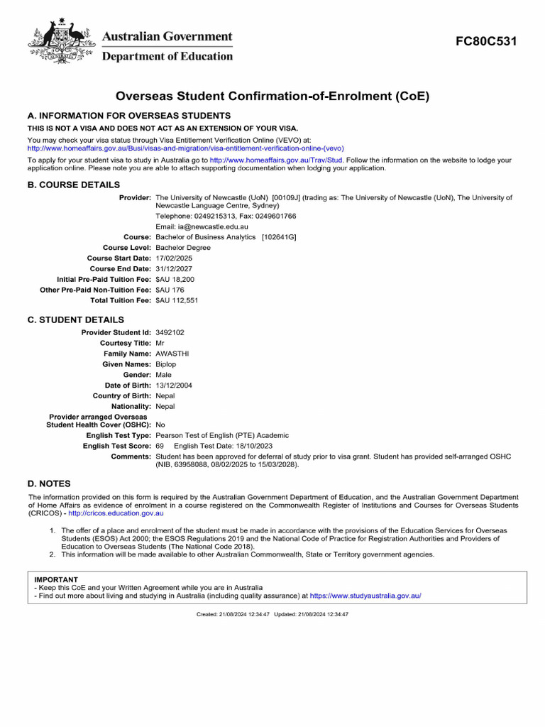 Revised CoE Certificate - Biplop Awasthi - 3492102 | PDF