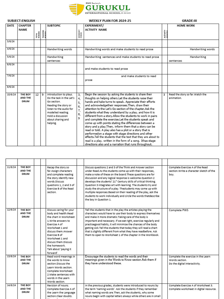 3-English Weekly Plan | PDF | Worksheet | Question