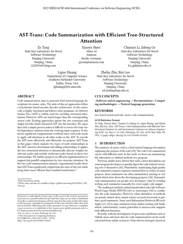 AST-Trans - Code Summarization With Efficient Tree-Structured | PDF | Matrix (Mathematics ...