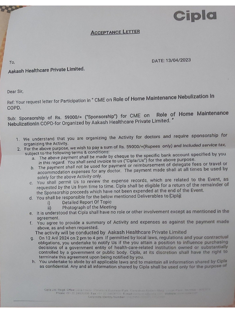 Aakash Acceptance Letter Sunil | PDF