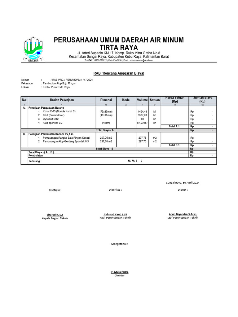 RAB Atap Baja Ringan Tirta Raya | PDF