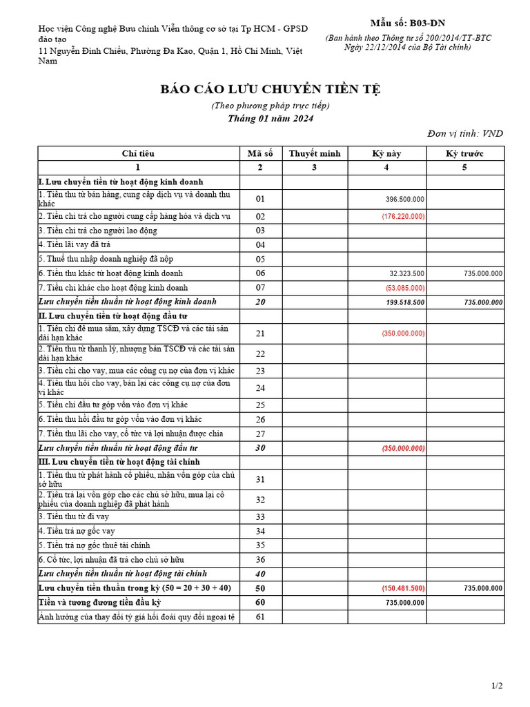 B03 DN Bao Cao Luu Chuyen Tien Te (PP Truc Tiep) | PDF