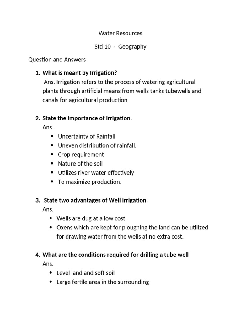 Water Resources Worksheet Std 10 | PDF | Irrigation | Groundwater