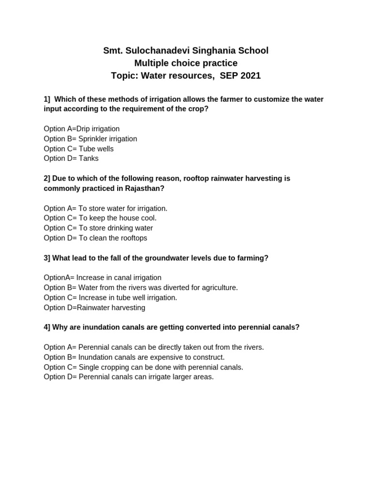 Water Resources MCQs for Irrigation Methods | PDF | Irrigation ...