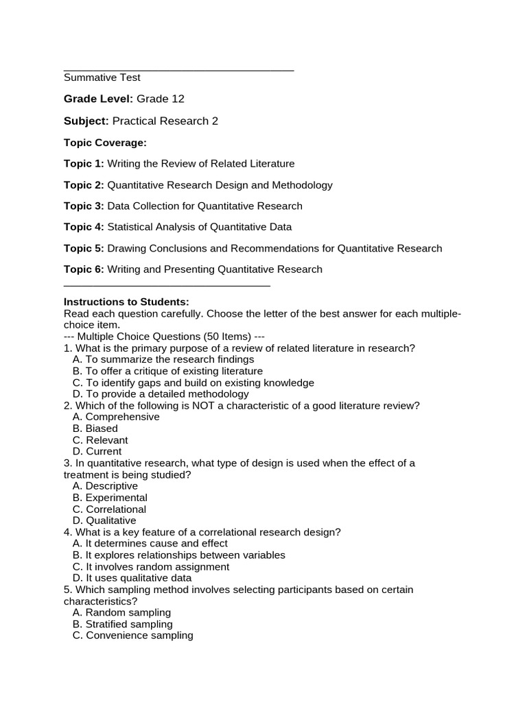 Summative - Test - Practical Research 2 | PDF | Methodology | Statistics