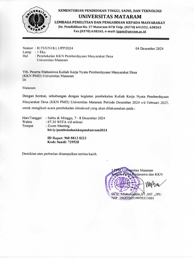 Undangan Pembekalan KKN PMD 24 Unram - Mahasiswa | PDF