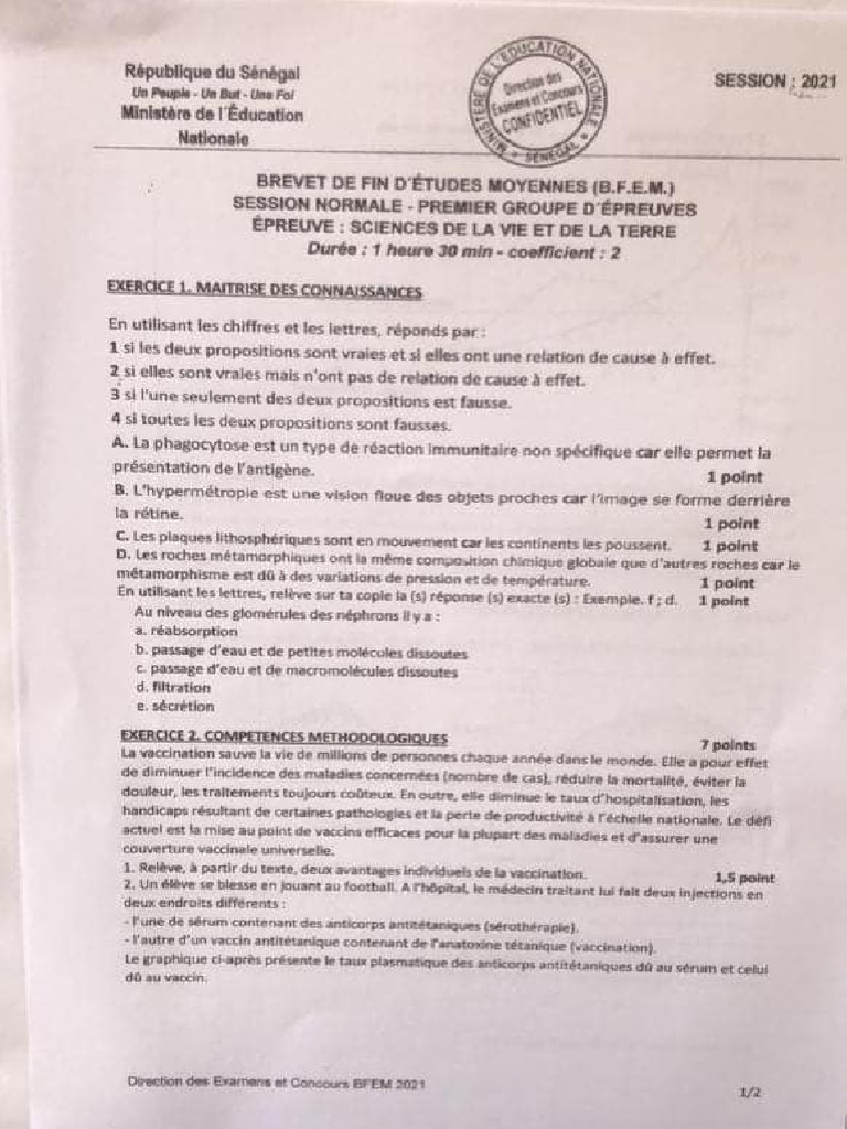 Bfem 2021 Epreuve SVT Session Normale 1er Groupe, Senegal | PDF