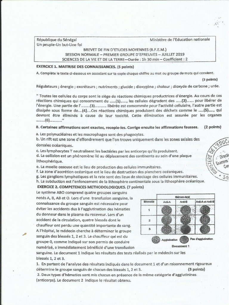 Epreuve Bfem 2019 SVT, Senegal | PDF