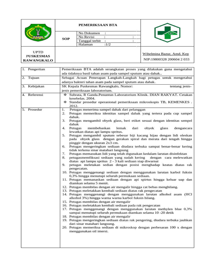 Sop Pemeriksaan Bta | PDF