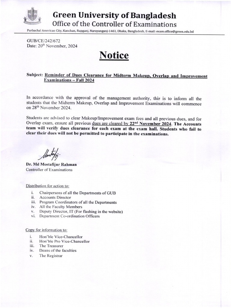 Reminder of Dues Clearance For Midterm Makeup Overlap and Improvement ...