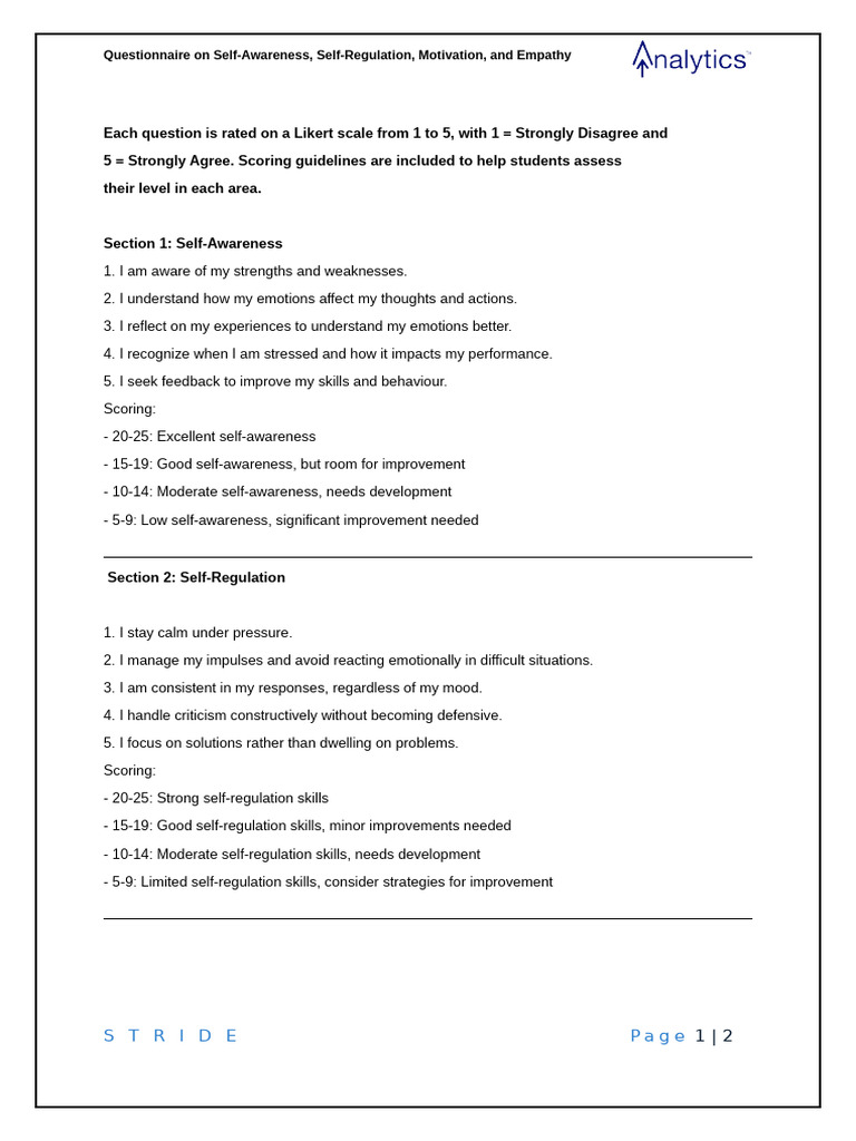 1) Questionnaire On Self-Awareness, Self-Regulation, Motivation, and ...