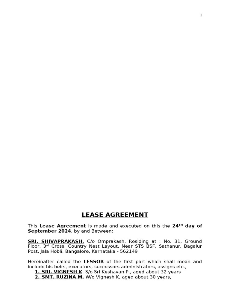 Lease Agreement - VIGNESH | PDF | Lease | Property