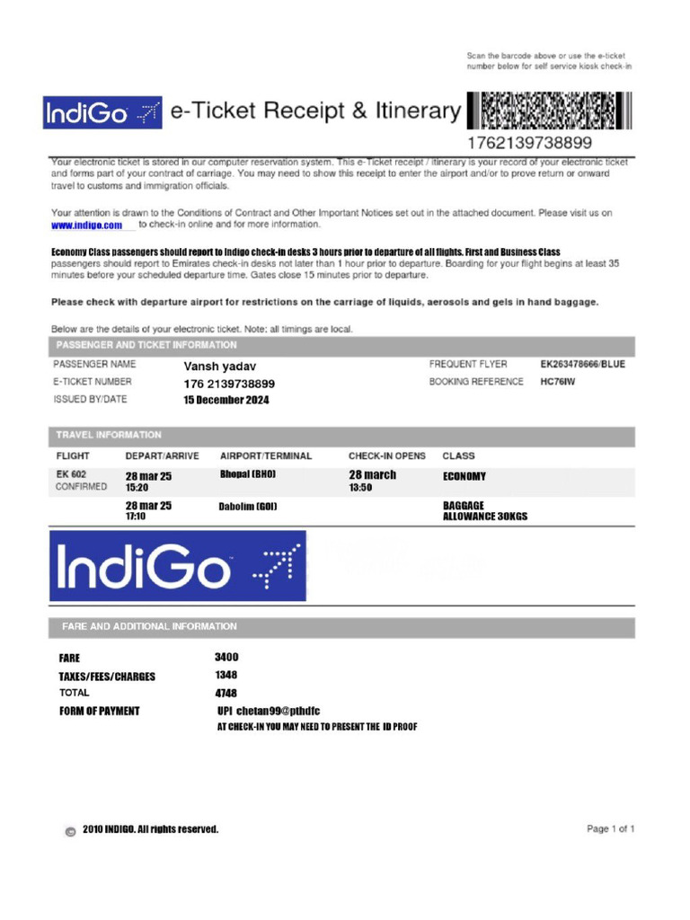 E-Ticket Indigo Airlines 15122024 | PDF