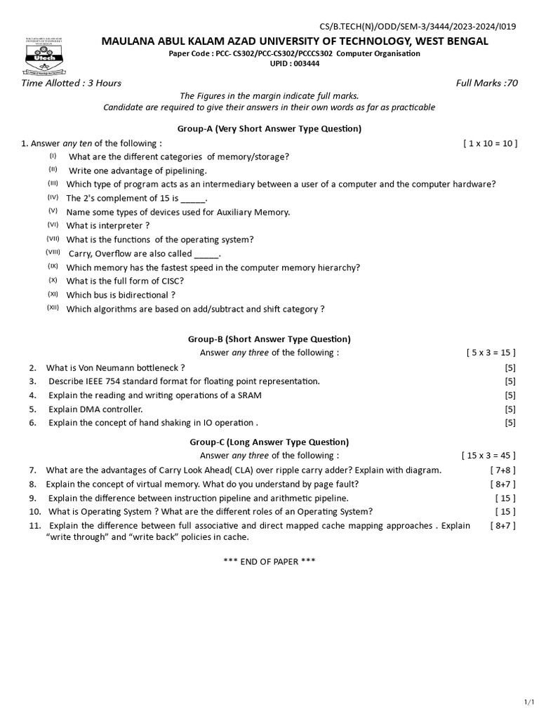 Btech Cse 3 Sem Computer Organisation PCC Cs302 2024 | PDF | Cpu Cache | Computer Architecture