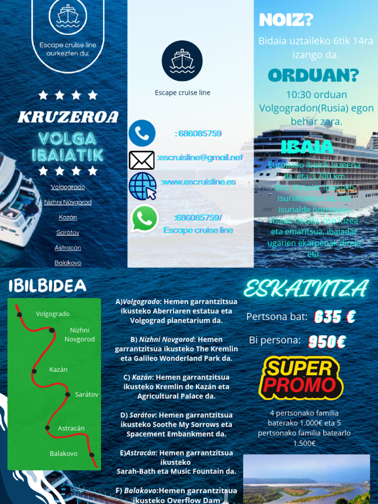 Folleto Tríptico Promocional para Agencia de Cruceros de Viaje Saturado y Estético Azul y Blanco ...
