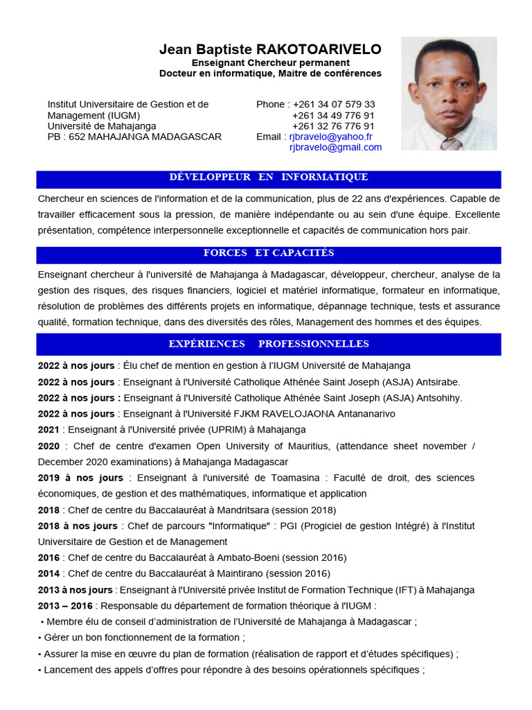 CV de Jean Baptiste Rakotoarivelo | PDF | Informatique | Programmation ...