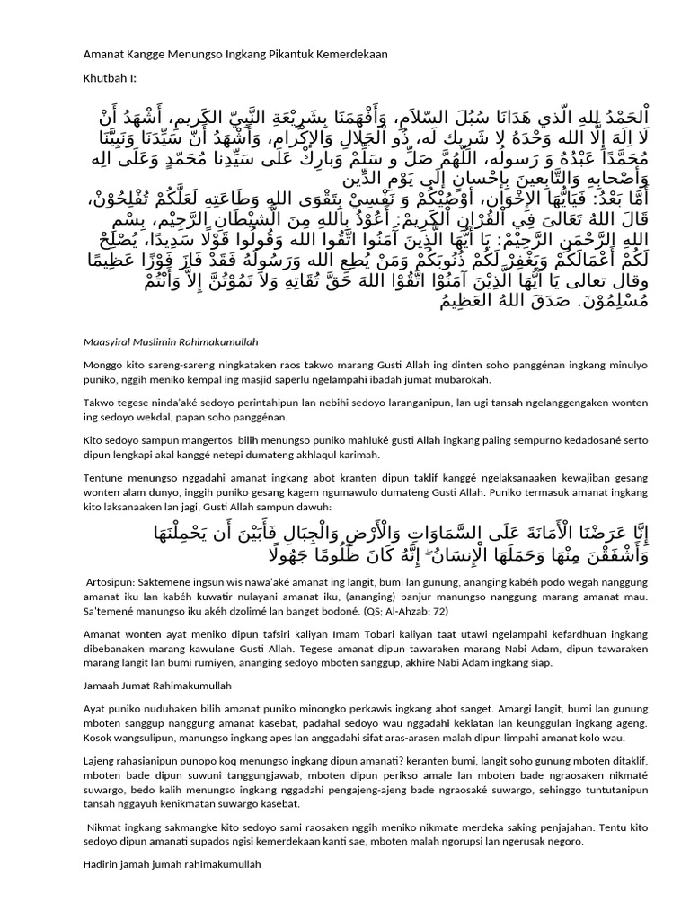 KHUTBAH JUMAT Amanat Kangge Menungso Ingkang Pikantuk Kemerdekaan | PDF