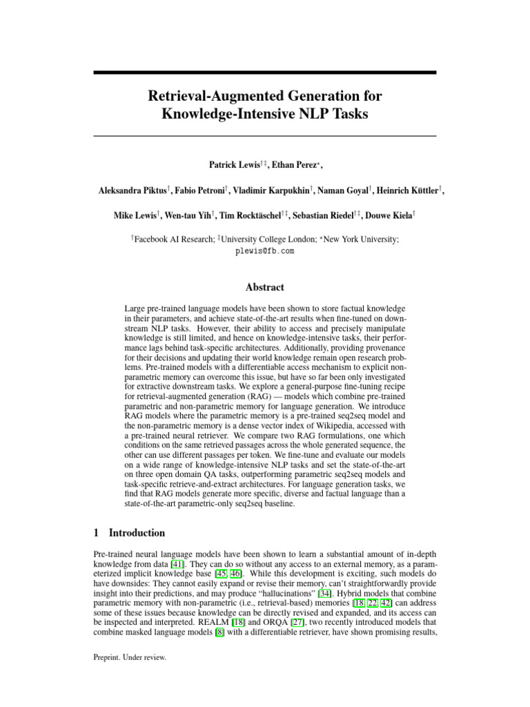 RAG For Knowledge-Intensive NLP Tasks | PDF