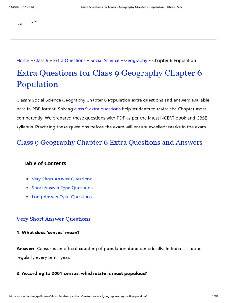 Extra Questions For Class 9 Geography Chapter 6 Population - Study Path ...