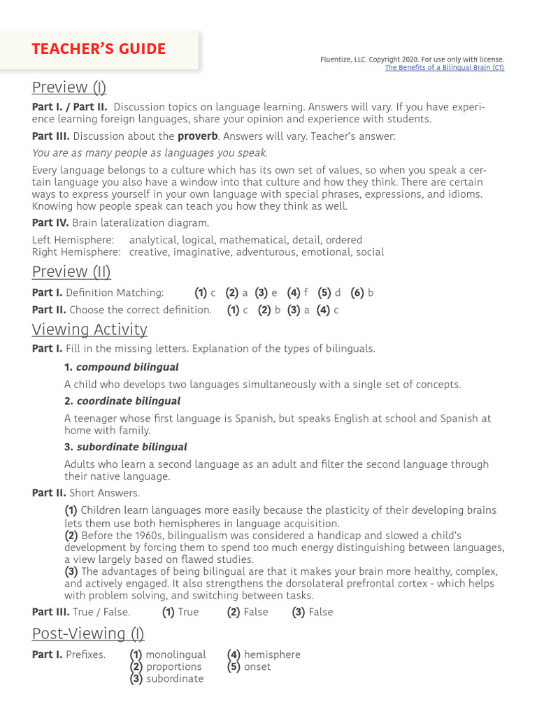Benefits of a Bilingual Brain Teacherguide | PDF | Multilingualism ...