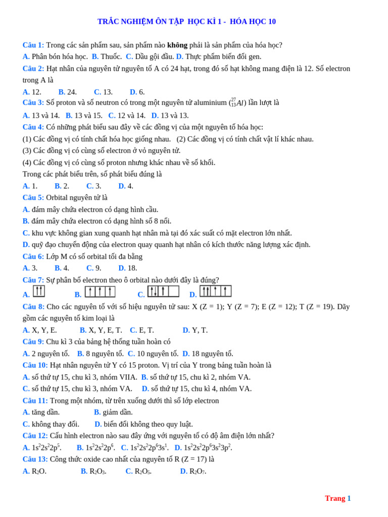 Thuvienhoclieu.com Trac Nghiem on Tap Hoa 10 HK1 Nam 2022 2023 | PDF